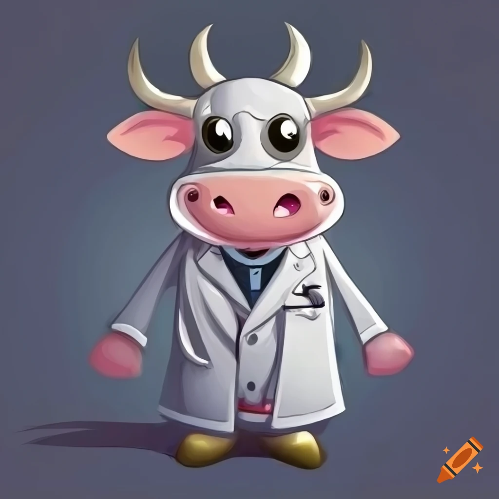 Cartoony cow wearing a lab coat with unkempt white hair on Craiyon