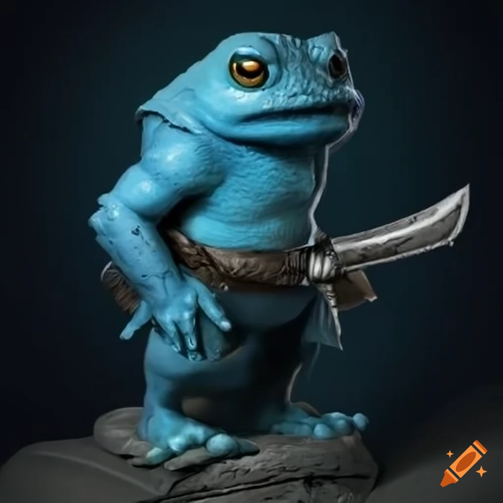 Blue humanoid toad warrior in a d&d setting on Craiyon