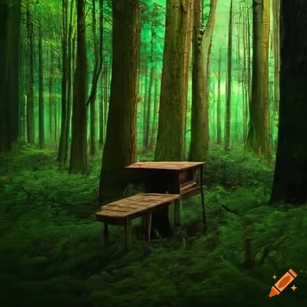 Forest scene with a platform built on a tree on Craiyon