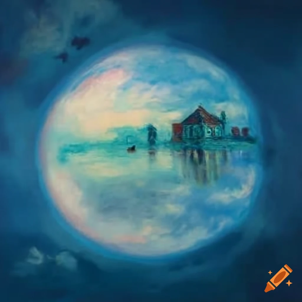 Enigmatic mansion on soft clouds behind a planet, monet style painting ...