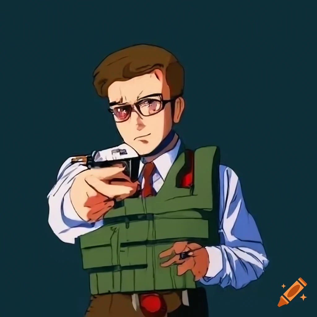 Male wartime journalist with glasses and bulletproof vest holding a ...