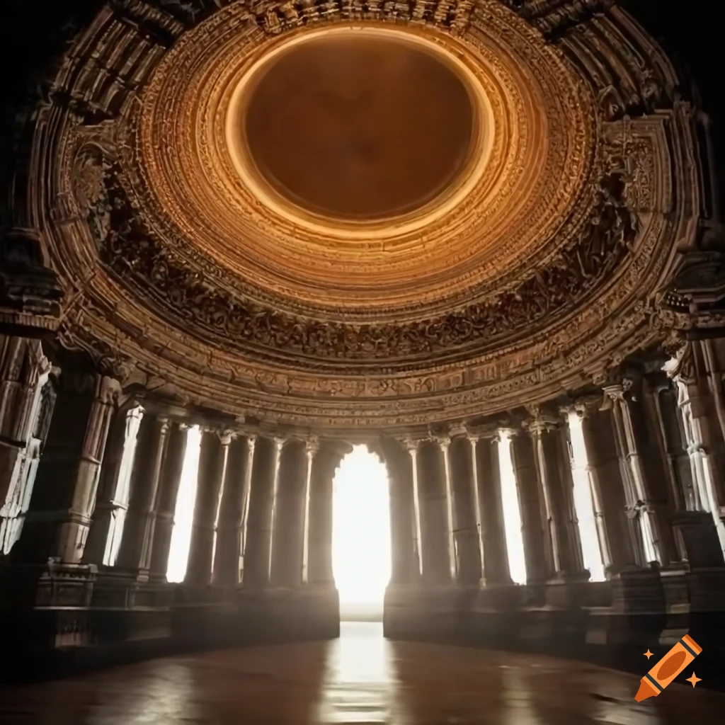 Standing at the entrance of a large temple with dramatic lighting in a ...