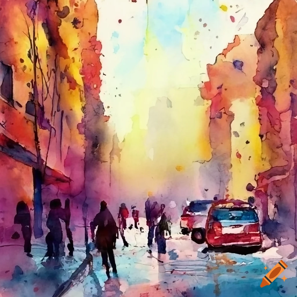 Urban street scene in a watercolor painting on Craiyon