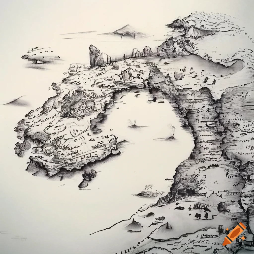 Fantasy world map created with ink and pen on Craiyon