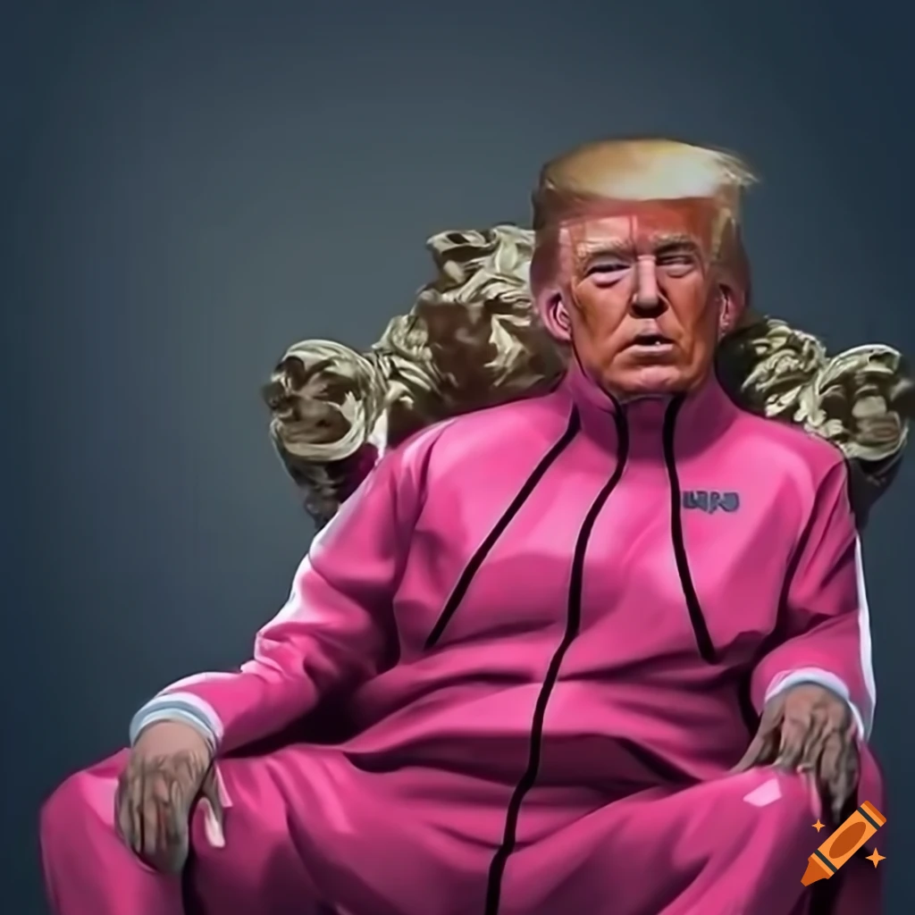 Satirical portrayal of a person in a pink jogging suit sitting on a ...