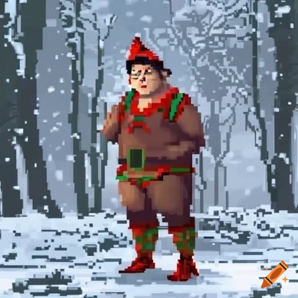 Young male halfling in Christmas elf costume in snowy winter park on ...