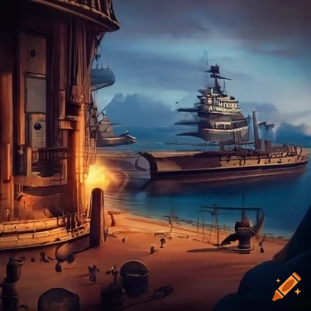 Modern pirate hideout port with uss missouri in the background on Craiyon