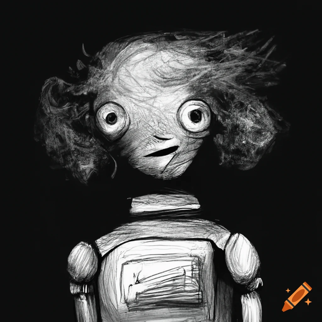 Charcoal drawn robot with unique hair style on Craiyon