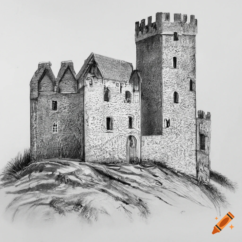 Pencil drawing of a 12th century norman small castle with one square ...