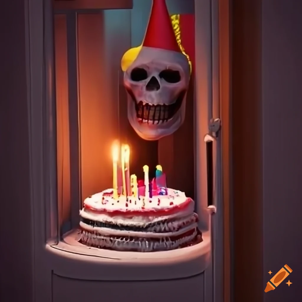 Skeleton throwing a surprise birthday party with cake and balloons on ...