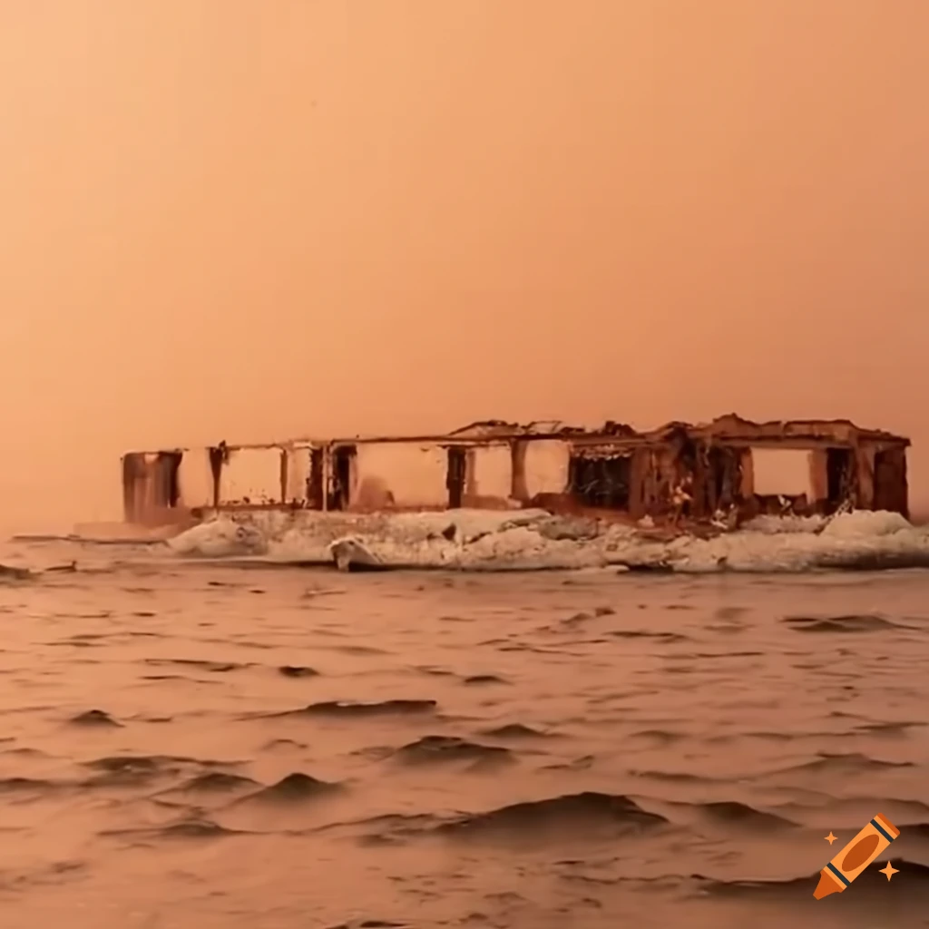 Close-up of abandoned building sinking into ocean in a pale orange fog ...