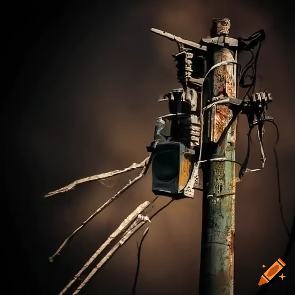 Decayed utility pole with transformer in a futuristic setting on Craiyon