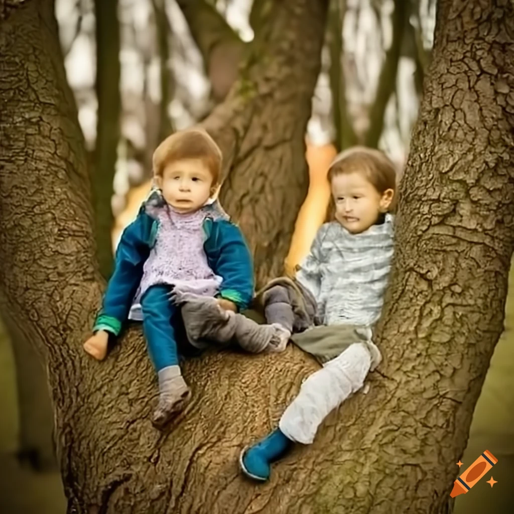 Two children playing in a tree on Craiyon
