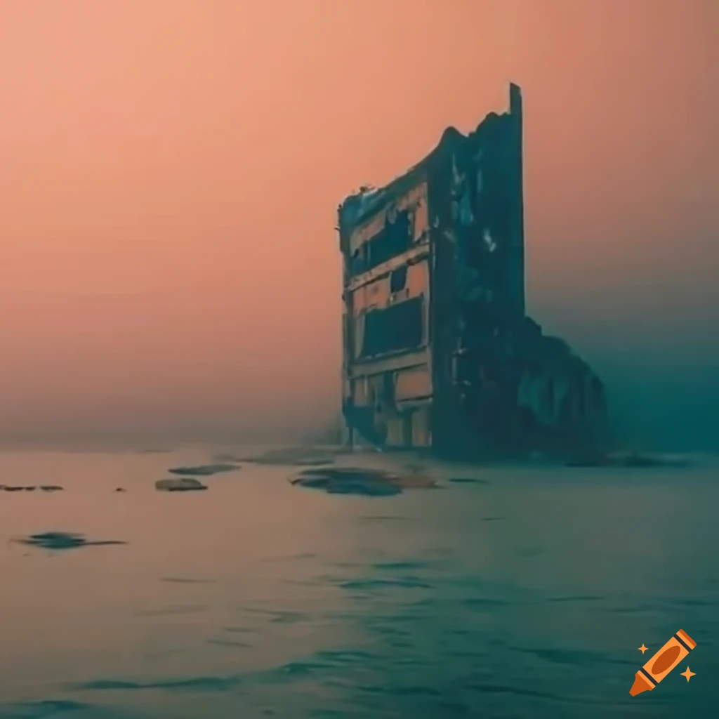Abandoned building sinking into ocean in a pale orange fog on Craiyon