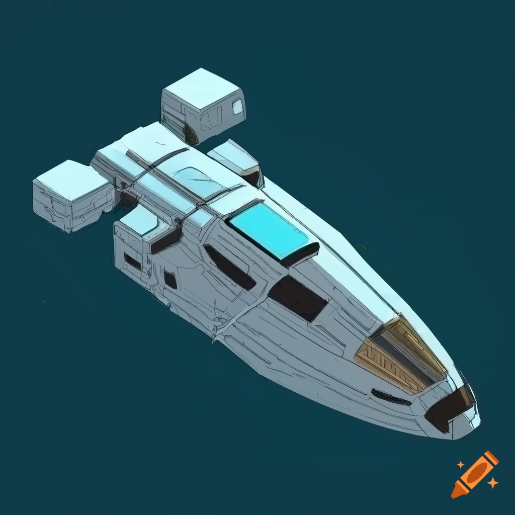 Top-down view of a light grey sci-fi spaceship in isometric perspective ...