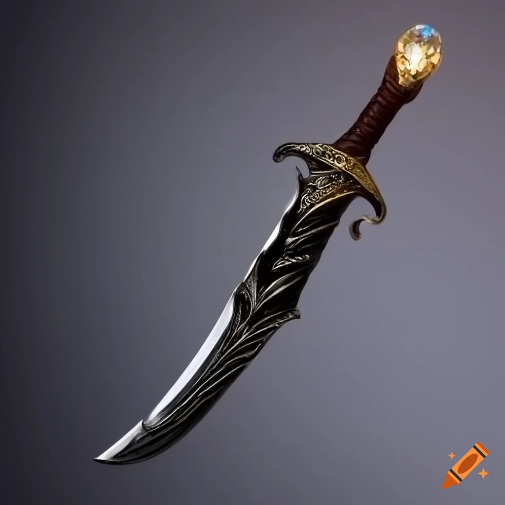 Bright diamond on an elegant elven dagger with engraving on Craiyon