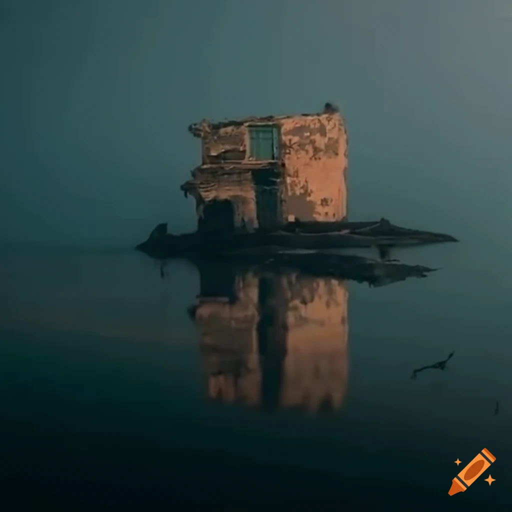 Crumbling abandoned building sinking into ocean in a pale orange fog on ...