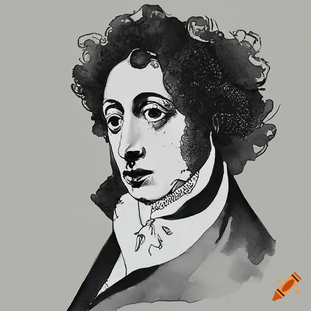 Portrait of Pushkin in black and white ink drawing, Aubrey Beardsley ...