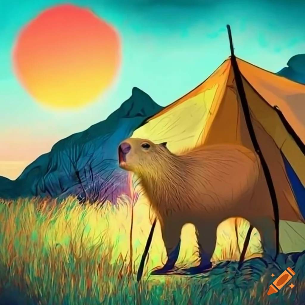 Capybara next to a tent on a mountain on Craiyon