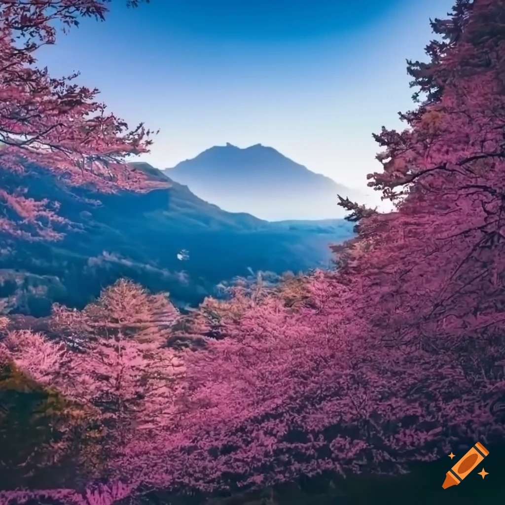 Japanese lofi spring landscape with big mountain in the background on ...