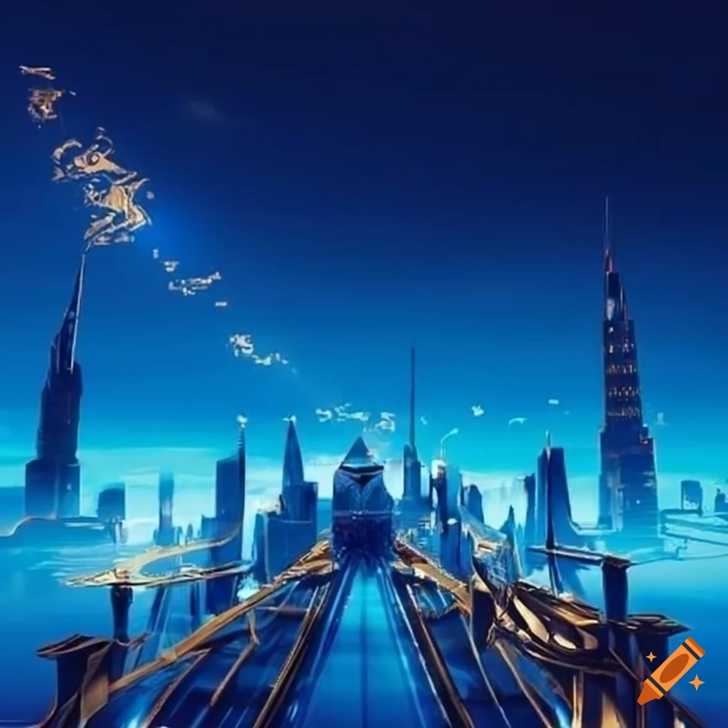 Futuristic city in the sky with royal blue and gold colors on Craiyon