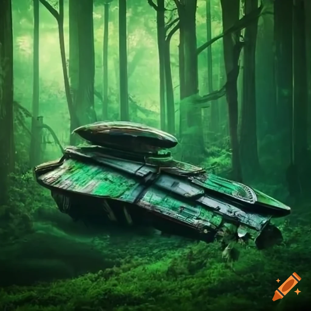 Crashed starship covered in lush green forest on Craiyon