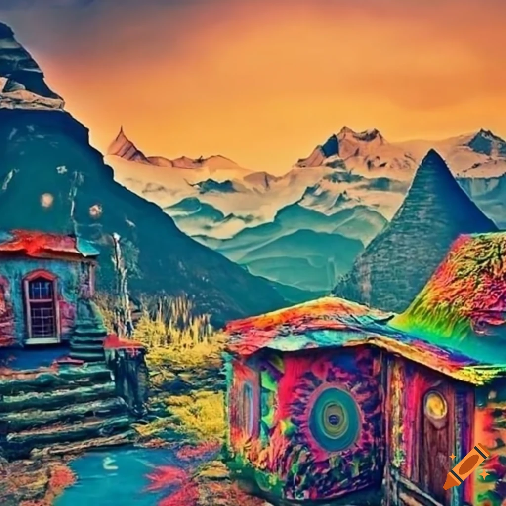 Colorful hippie houses in the mountains with a psychedelic vibe on Craiyon