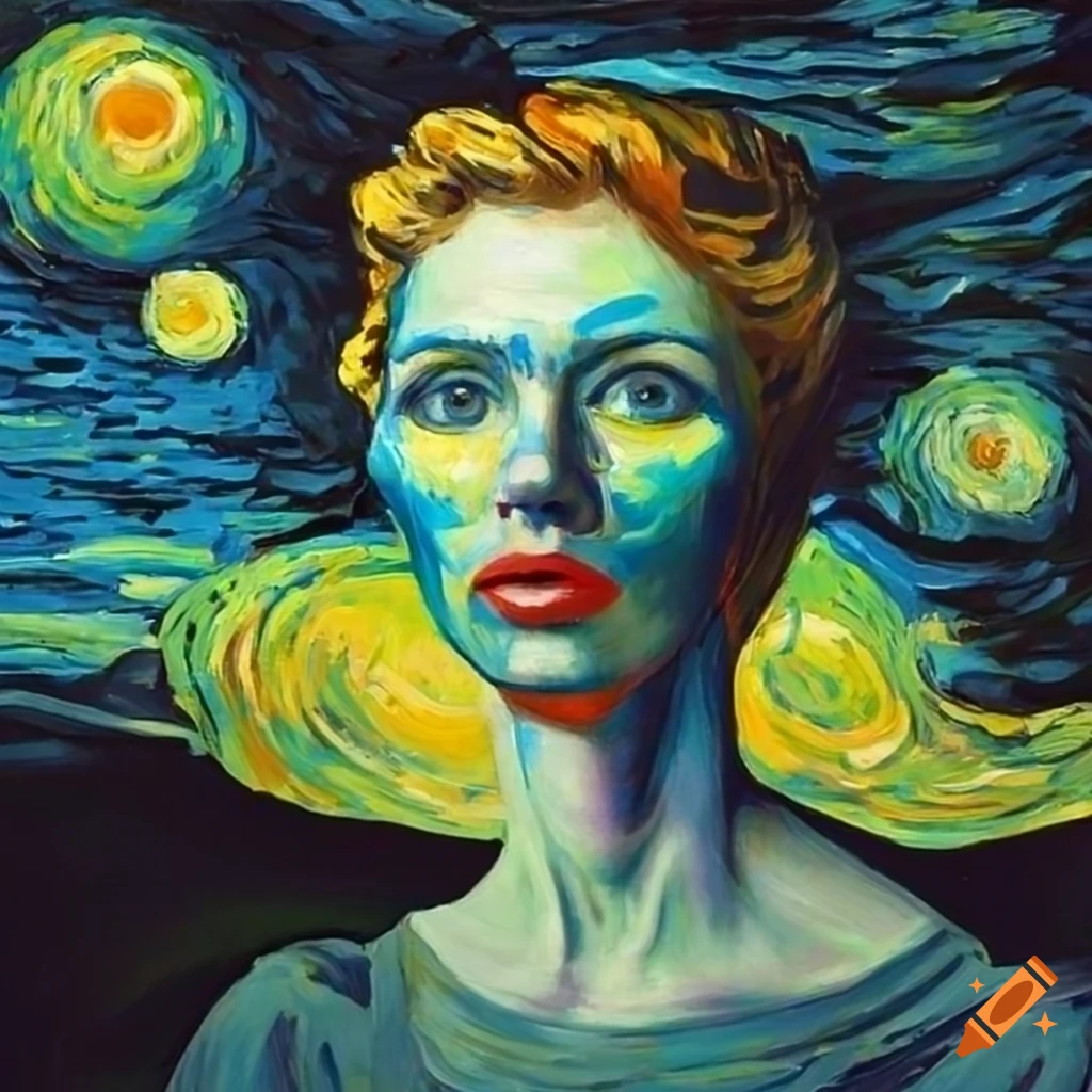 Surrealistic van gogh-style painting of a woman with blue, green, and yellow tones on black ...