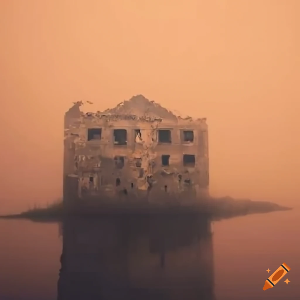 Crumbling abandoned building sinking into ocean in pale orange fog on ...