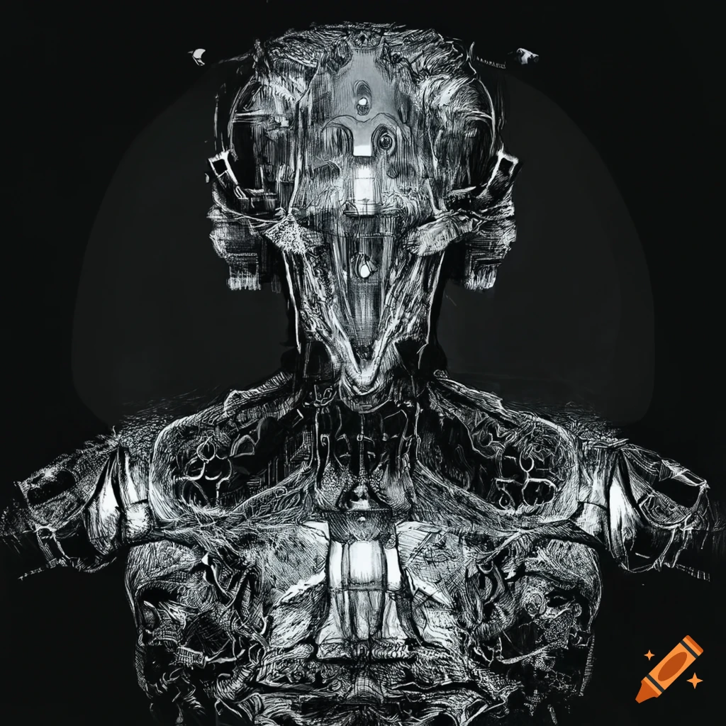 Futuristic detailed robot with flowing hair in black and white charcoal ...