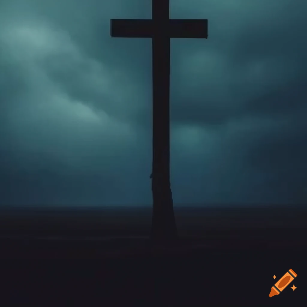 Lonely cross in a dark rainy biblical scene on Craiyon