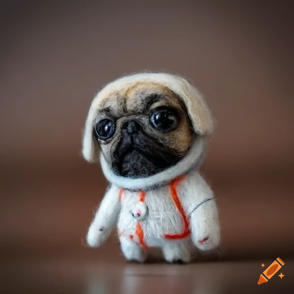 Adorable felted pug in retro-futuristic space suit made of yarn on Craiyon