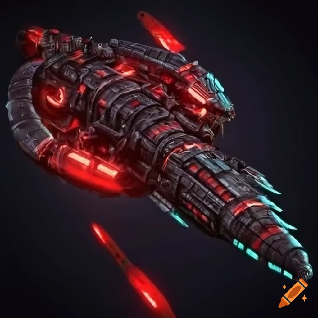Evil enemy starship with massive weapons and glowing red lights on Craiyon