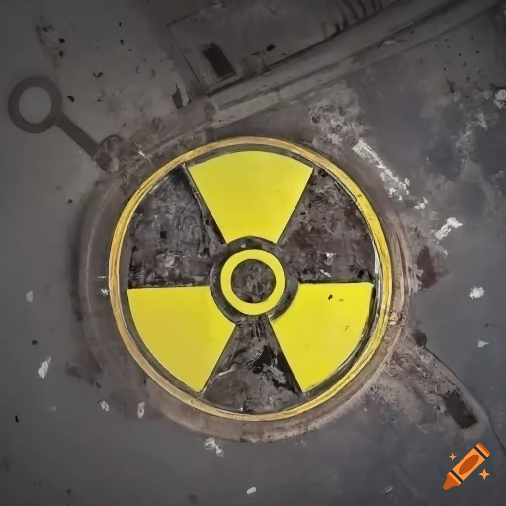 Yellow nuclear trefoil logo with pipes in abandoned industrial factory ...