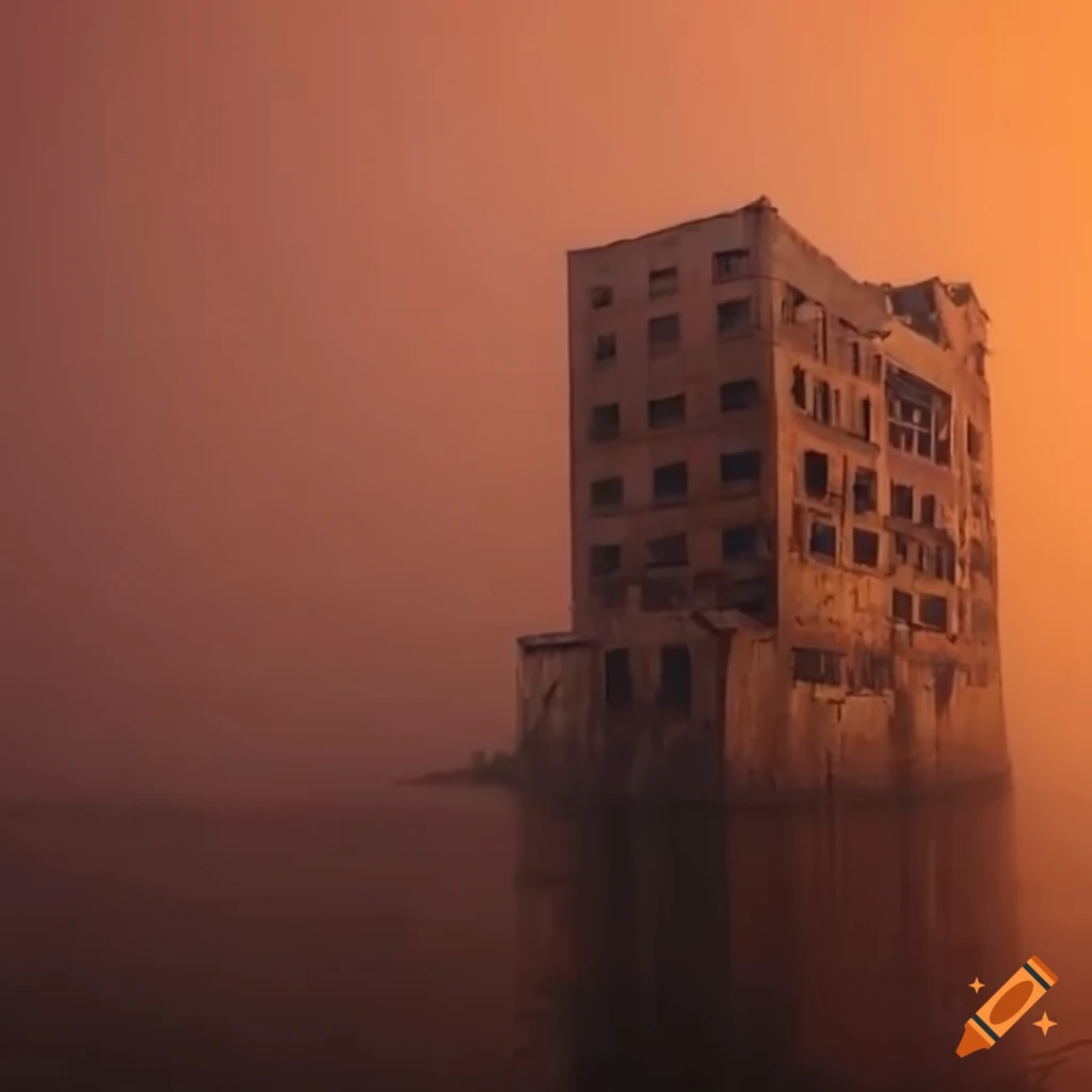 Close-up of abandoned building sinking into ocean in a pale orange fog ...