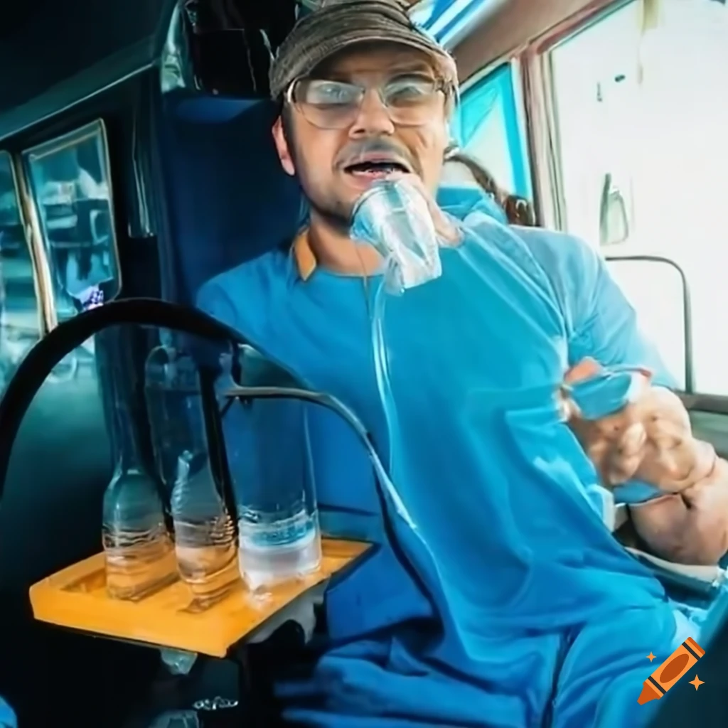 Enthusiastic bus driver holding refreshing cold bottles of water on Craiyon