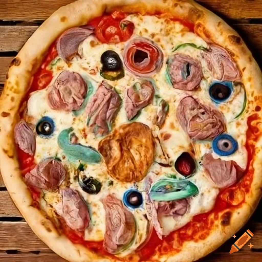 Decorated pizza resembling an animal cell on Craiyon