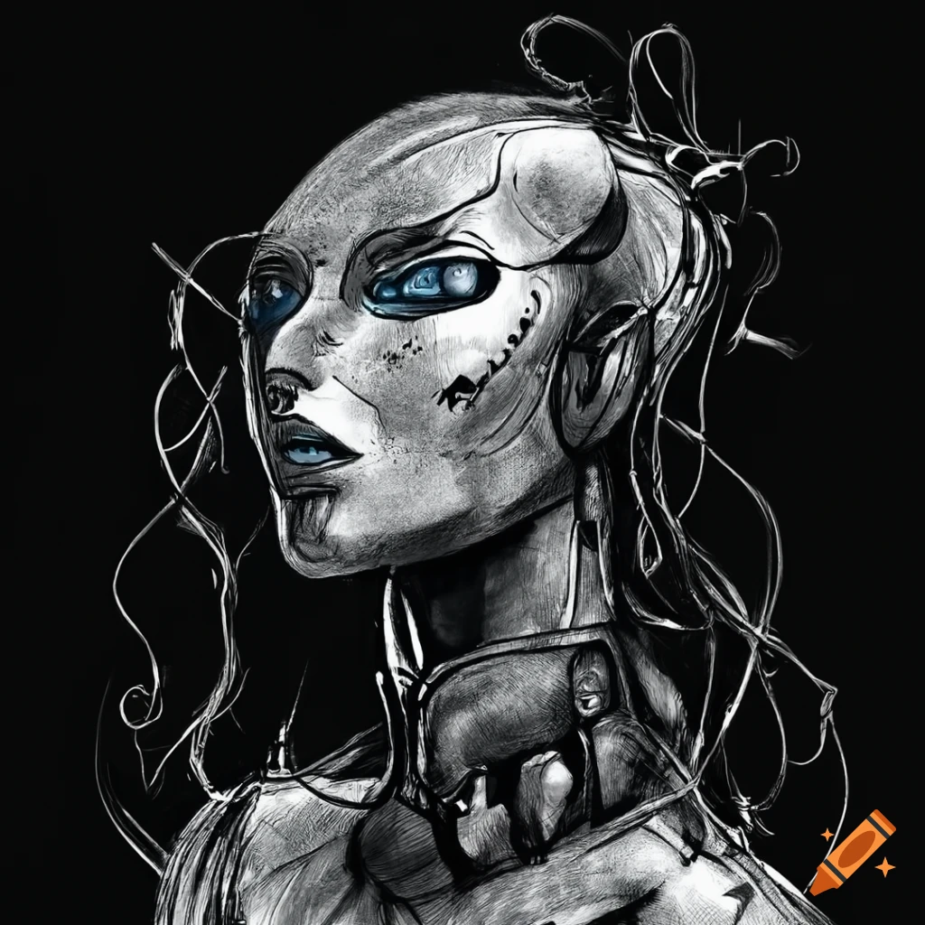 Futuristic Detailed Robot With Flowing Hair In Black And White Charcoal On Craiyon