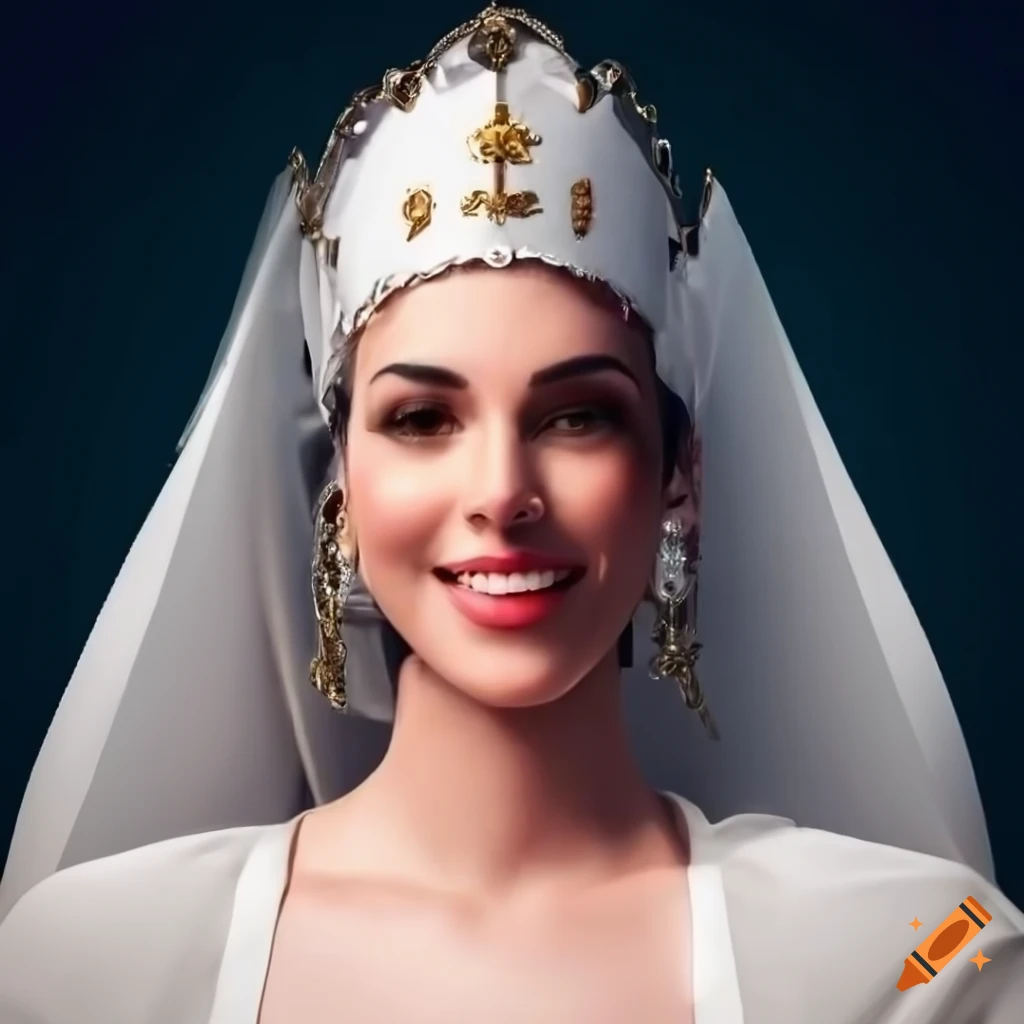Regal woman in white ceremonial robes and veiled crown, smiling on Craiyon