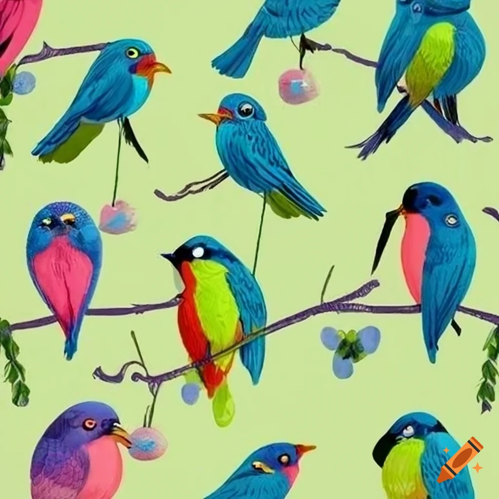 Colorful and quirky seamless pattern of detailed birds on Craiyon