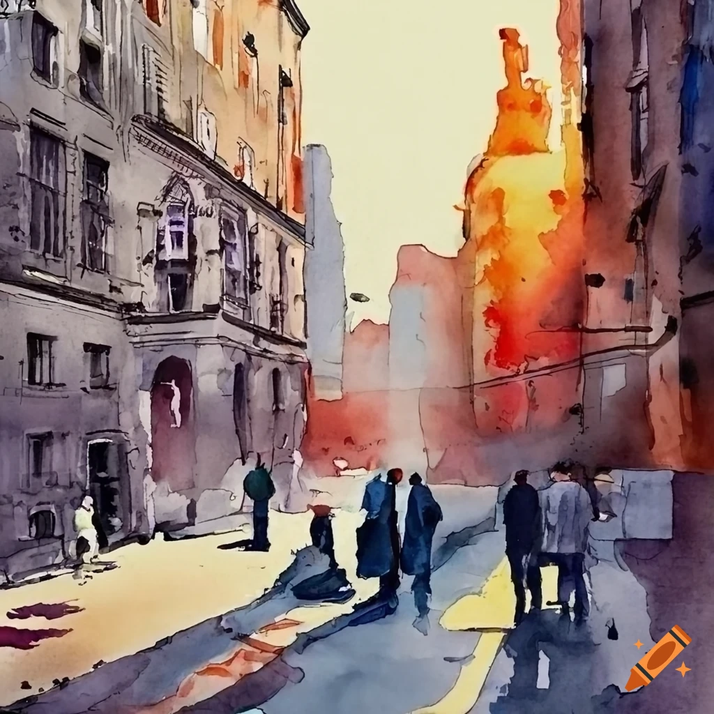 Urban street scene in a watercolor painting on Craiyon