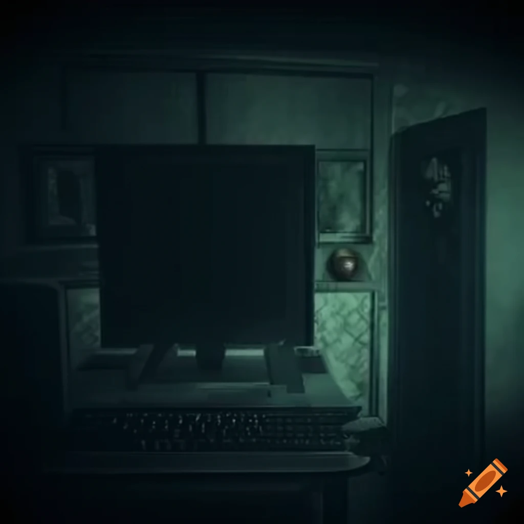 Immersed horror gamer in a dim room with eerie shadows from computer ...