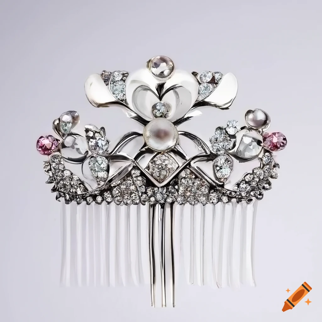 Exquisite silver hair comb adorned with pearls and diamonds on Craiyon
