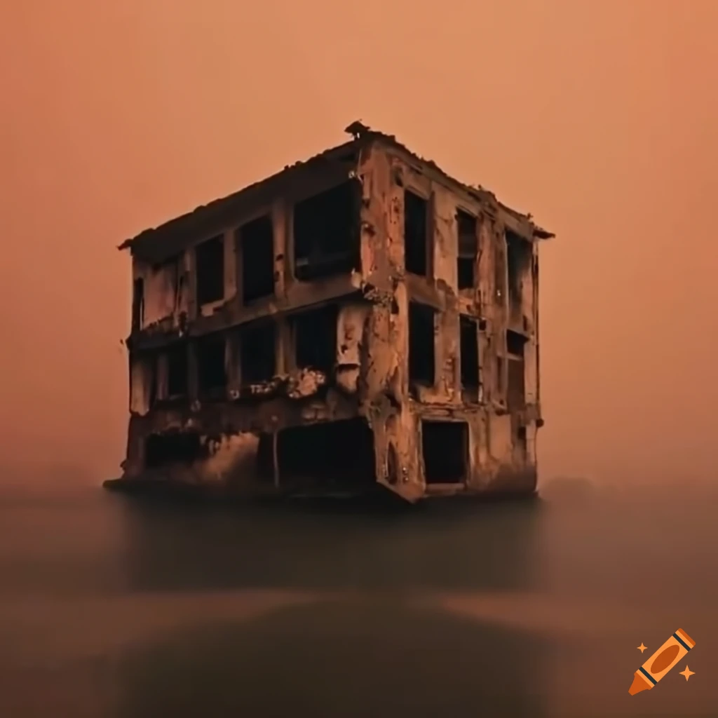 Crumbling abandoned building sinking into ocean in a pale orange fog on ...