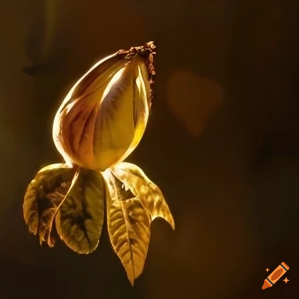 Mysterious flower bud with long stem and golden backlit leaves in ...