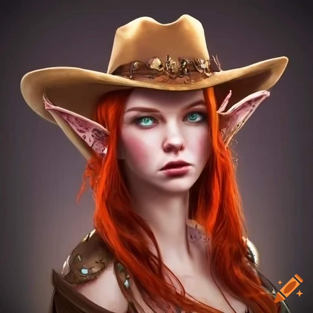 Red haired elven woman in a cowboy hat on Craiyon