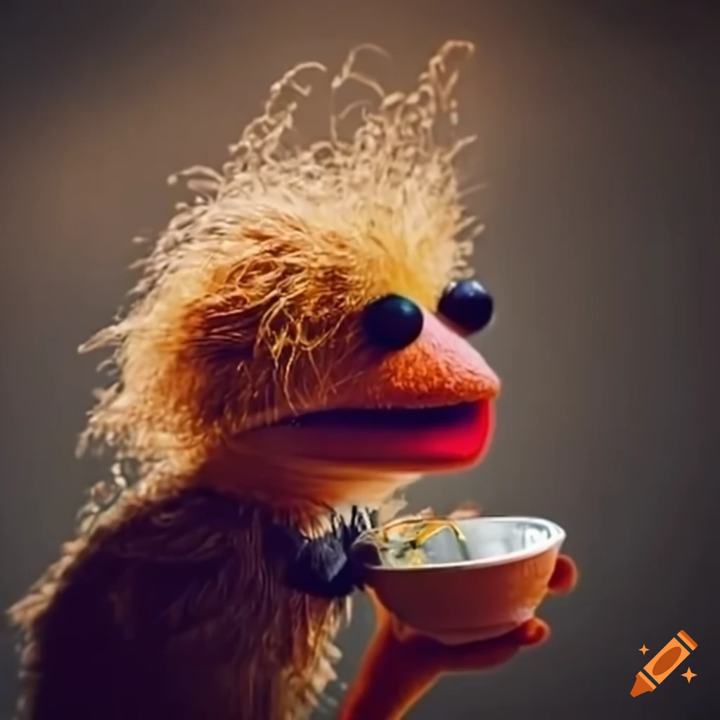 Colorful muppet eating from a bowl of bats on Craiyon