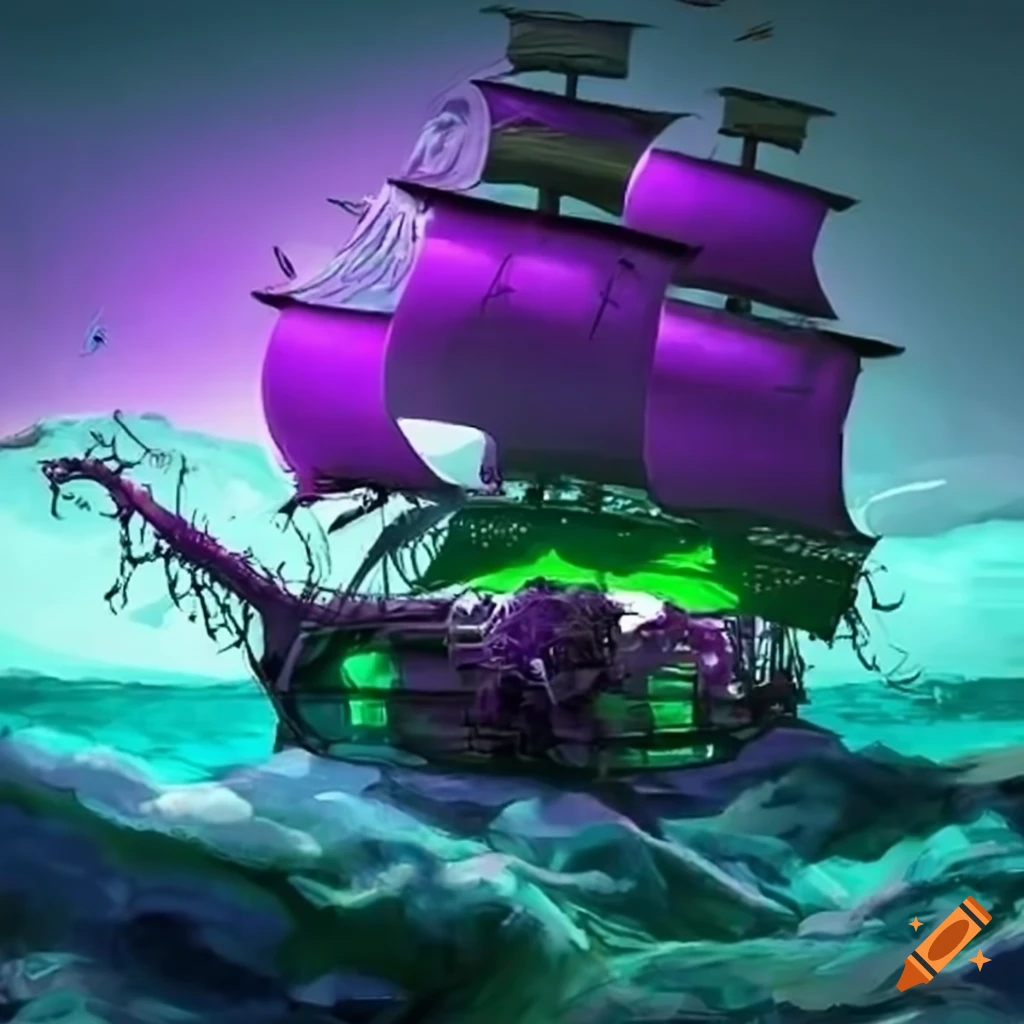 Cyber pirate sneaking a ship with green sails on the purple seas on Craiyon