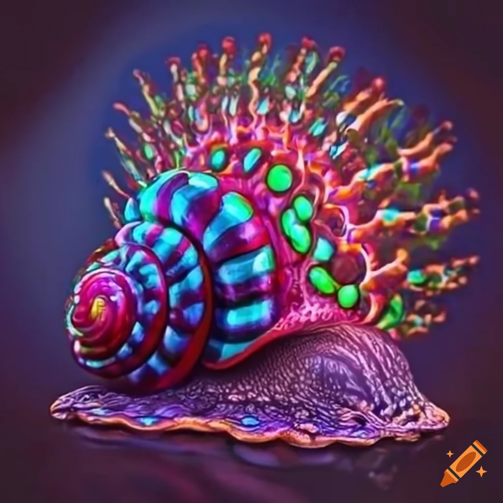 Mythical snail-god with a shell of psychedelic mushrooms on Craiyon