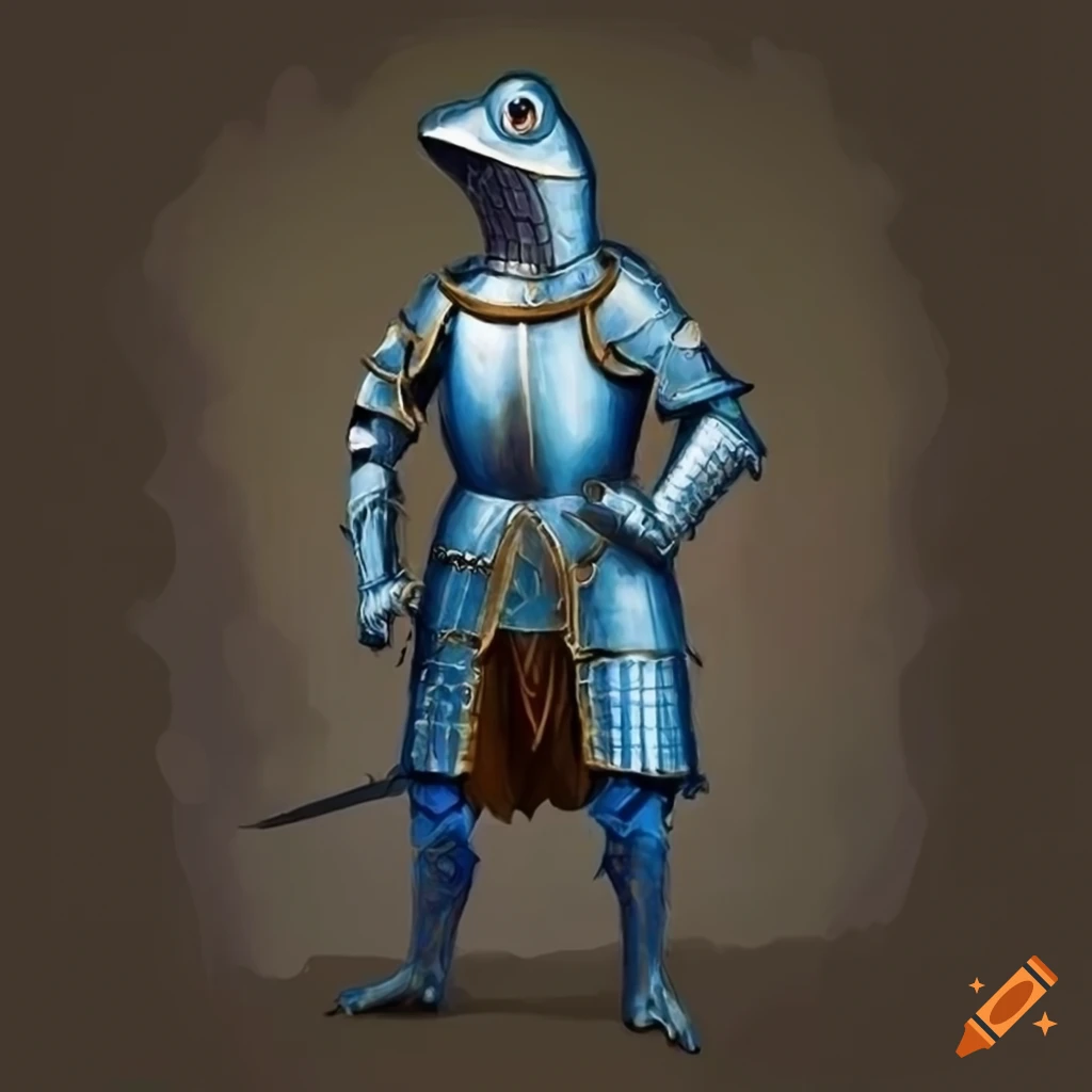 Blue frog in medieval armor with a sword and shield ready for battle on ...